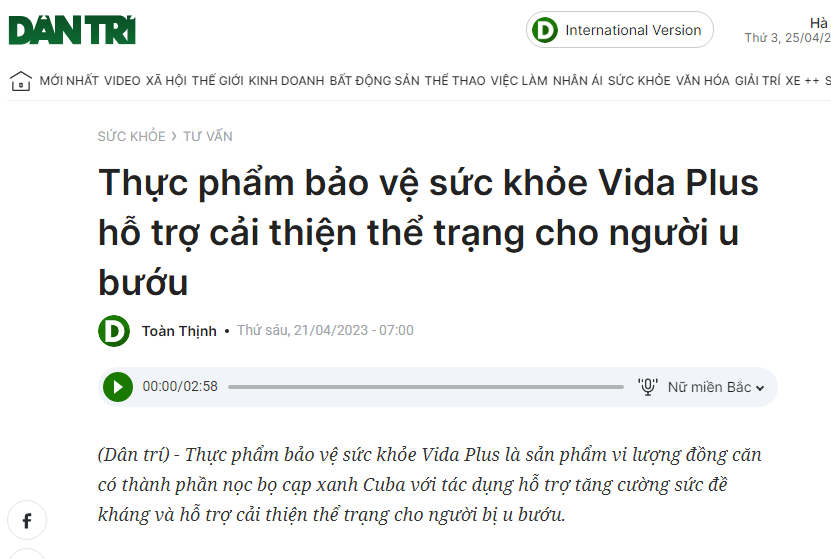 Thực phẩm bảo vệ sức khỏe Vida Plus hỗ trợ cải thiện thể trạng cho người u bướu - Trích Báo Dân Trí